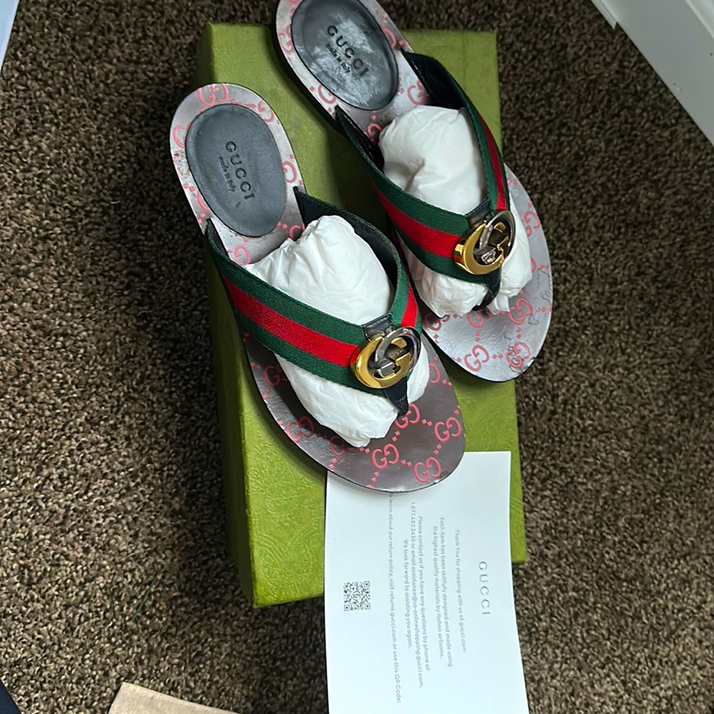 Gucci Slides Size 37 1/2 Colors Brown Red And Green - Gem